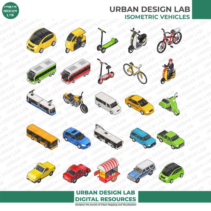 Set Of 45 Illustrated Isometric Vehicles